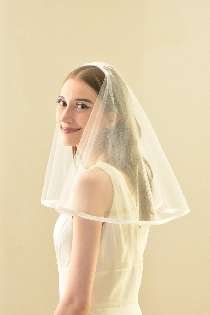 Double Tier Small Satin Veil - Shoulder Veil with Blusher | WeddingVeil.com