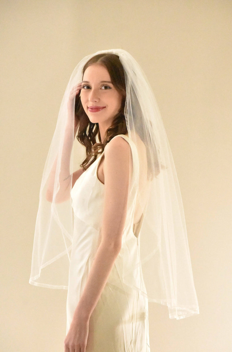 Mid Length Veil with 3/8" Organza Ribbon Trim | WeddingVeil.com