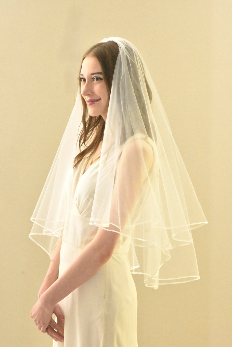 Two Tier Mid Length Veil with Thin Satin Ribbon Edge | WeddingVeil.com